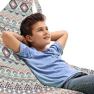 Lunarable Ethnic Lounger Chair Bag, Traditional Aztec Pattern of Geometric Zigzags Triangles Culture, High Capacity Storage with Handle Container, Lounger Size, Almond Green Salmon and Grey