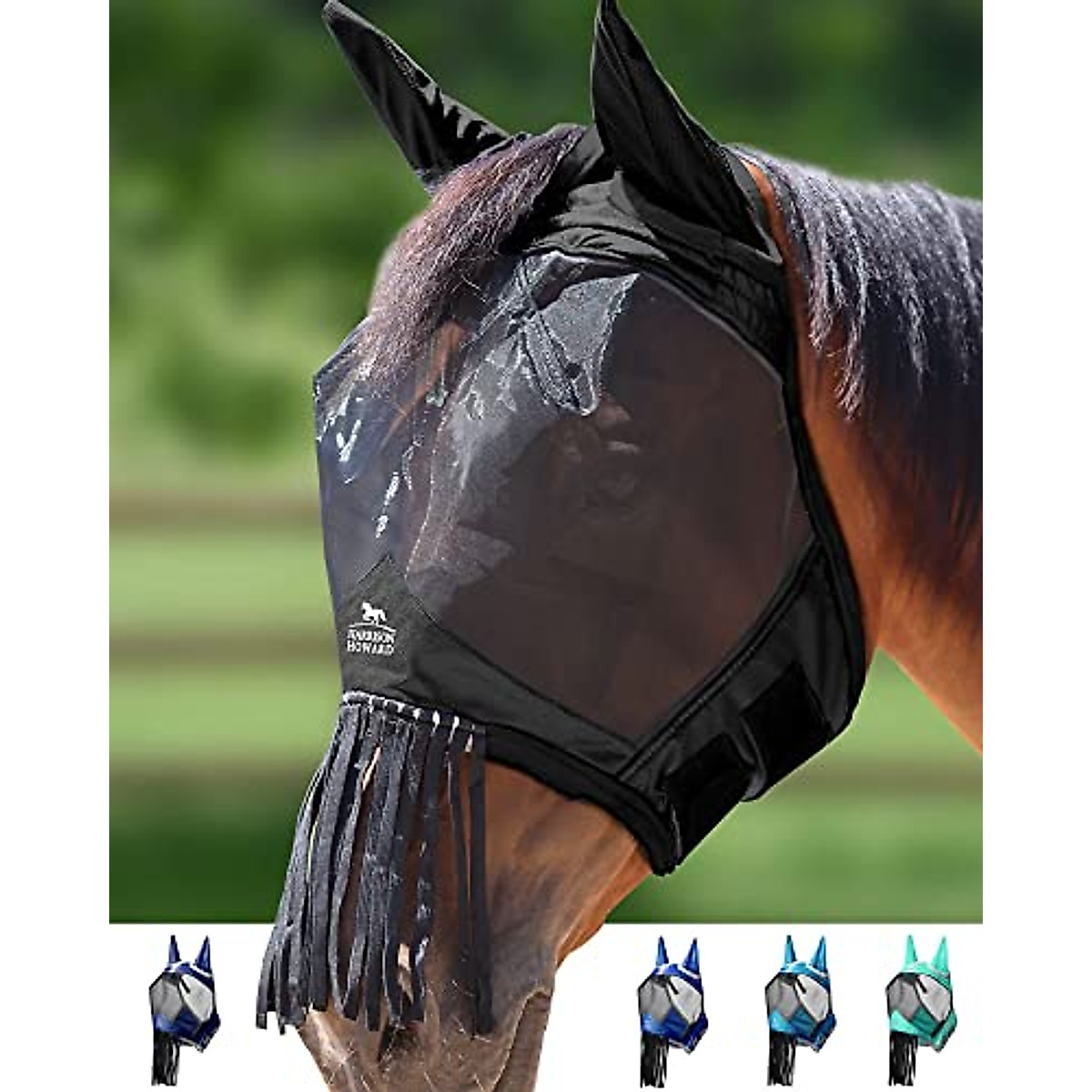 Harrison Howard CareMaster Horse Fly Mask with Ears and Nose Fringe Fly Protector Defender Mask Piano Black Full Size
