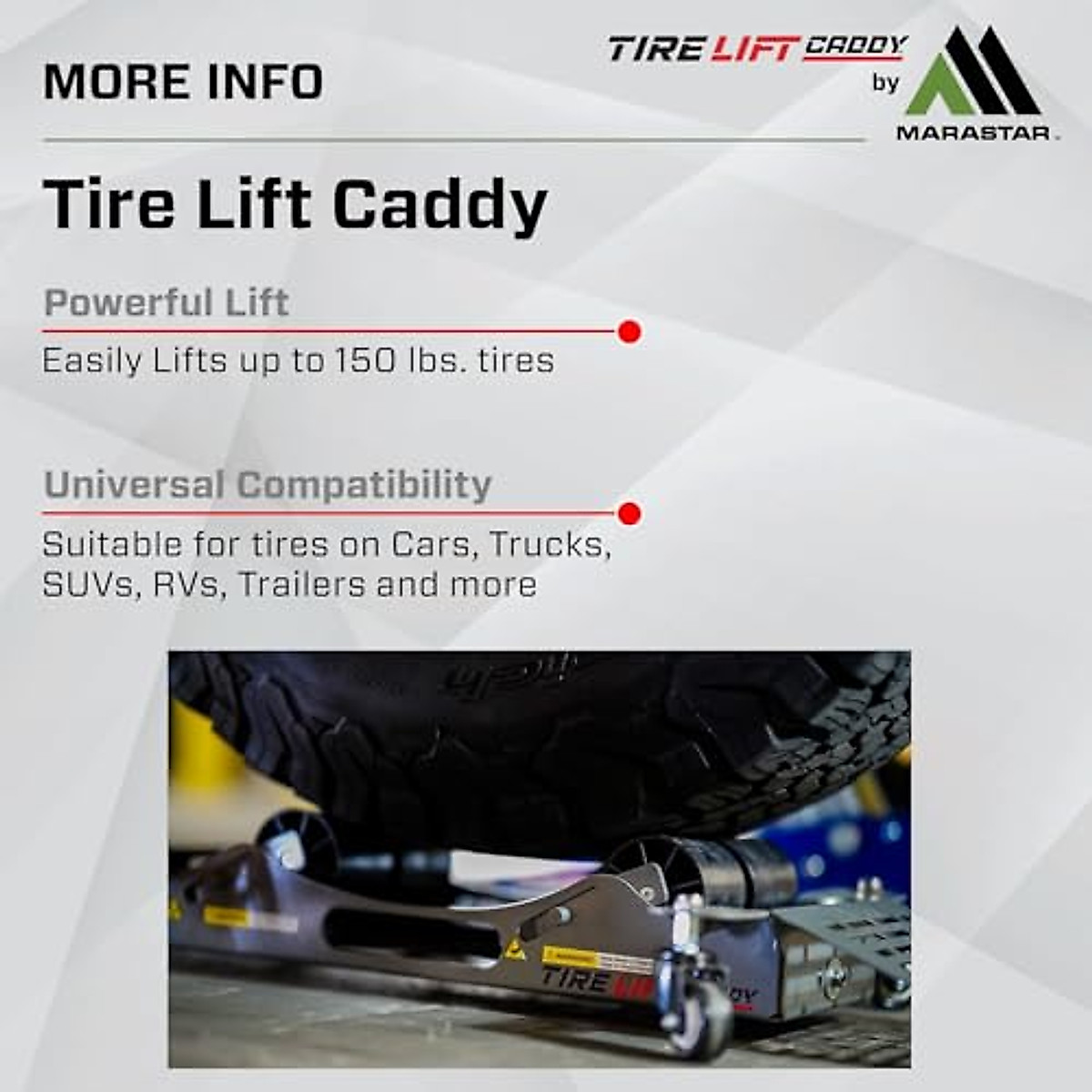 Tire Lift Caddy, Adjustable, Back-Saving Tire Dolly for DIY Enthusiasts, Auto & Tire Shops and Garages, No Assembly Required, 150lbs. Capacity