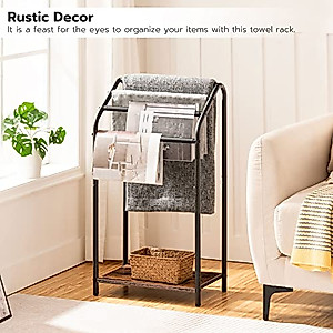 HOOBRO Freestanding Towel Rack, 4 Tier Blanket Rack Stand, 16.3"L x 11.2"W x 31.3"H, Blanket Ladder Holder, Quilt Rack, Drying and Display Rack, Living Room, Bathroom, Rustic Brown and Black BF64LB01