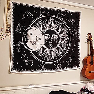 Instruban Sun and Moon Tapestry - Black and White Burning Sun God with 12 Constellations Stars - Psychedelic Wall Hanging for Bedroom & Living Room - 51.2 x 59.1 Inches