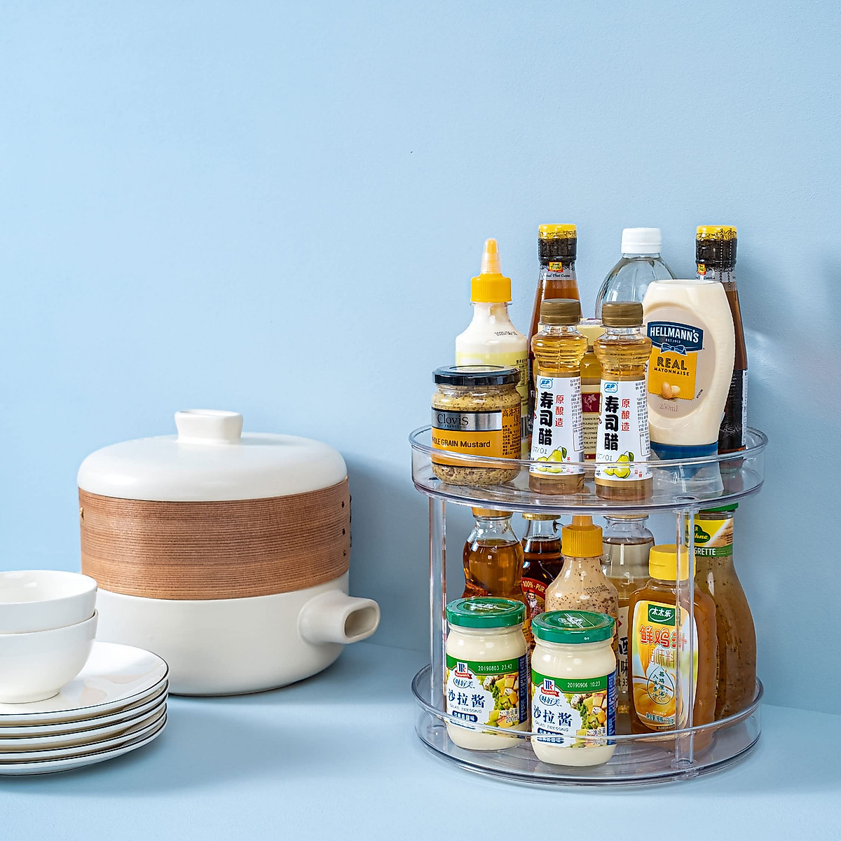 2 Pack Lazy Susan Turntable, Jecarden Clear Lazy Susan Organizer 2 Tier Spice Rack for Table 9.25 in Cabinet Organizer 360 Degree Rotating Storage Bins Non-Skid for Kitchen Countertop Pantry Fridge