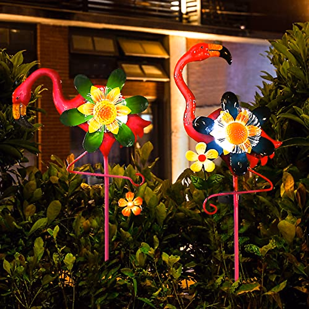 Histoacryl 2 Pack Pink Flamingos Outdoor Decorations, Metal Flamingo Solar Stakes Lights with Wind Spinner, Yard Sculptures Art Decorative for Garden, Patio, Landscape, Pathway, Christmas