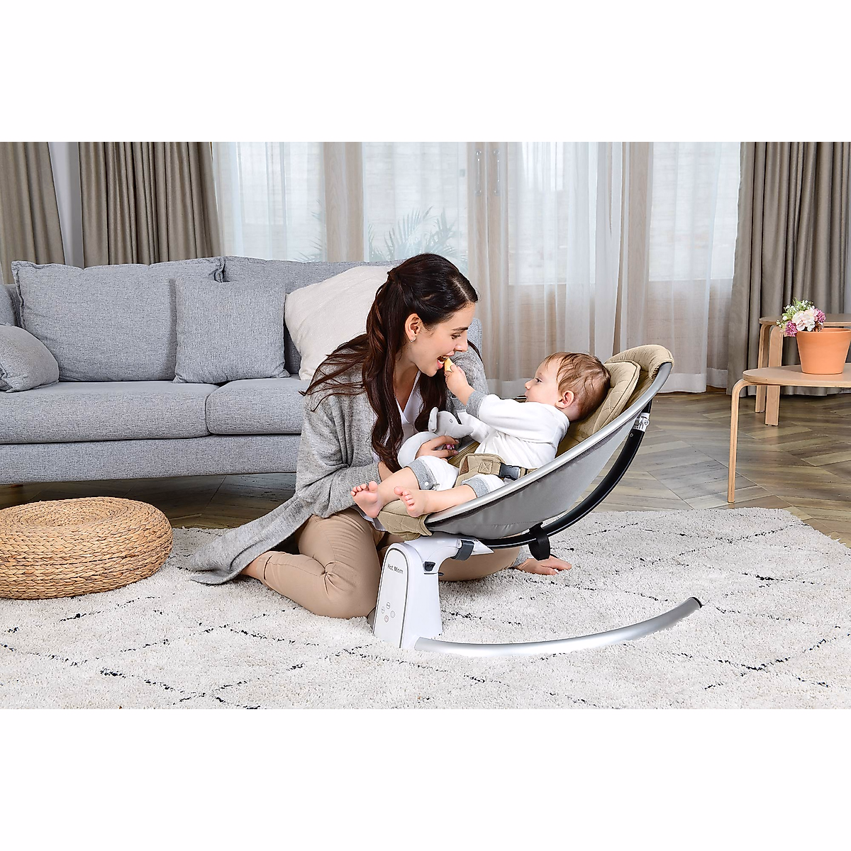 Hot Mom New Baby Swing Bluetooth and Intelligence Timing Electric Baby Rocker Multiple Gears Seat Adjustment & Baby Chair(Sand)