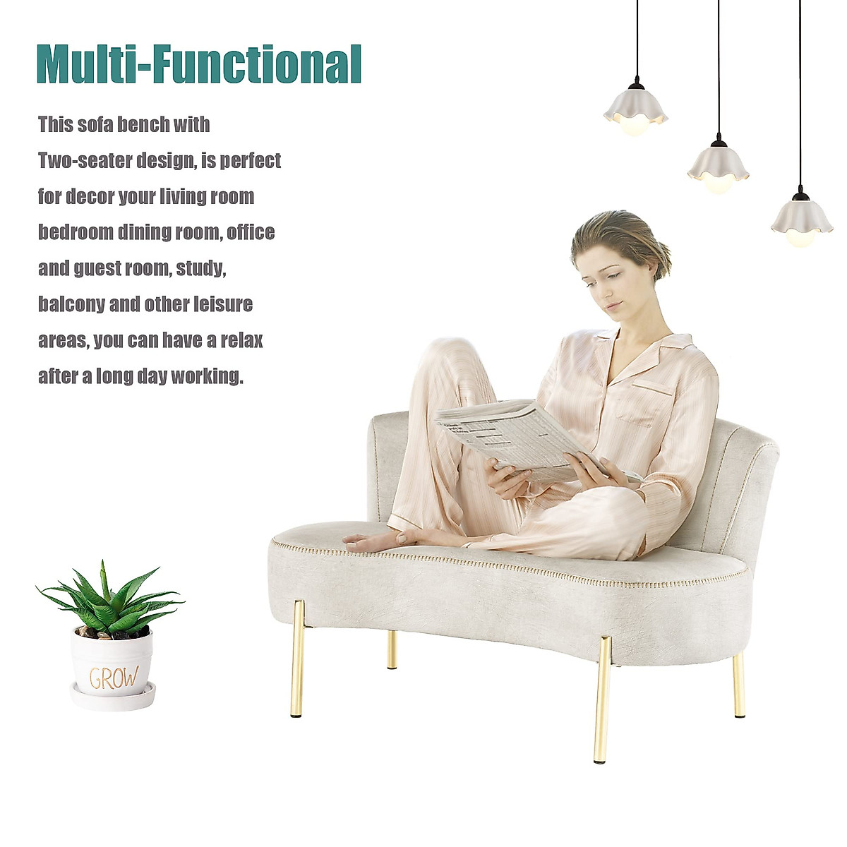 annjoe Loveseat Settee Upholstered Sofa Couch Banquette Bench Ottoman with Backrest and Golden Metal Legs for Dining Room Living Room Bedroom Funiture