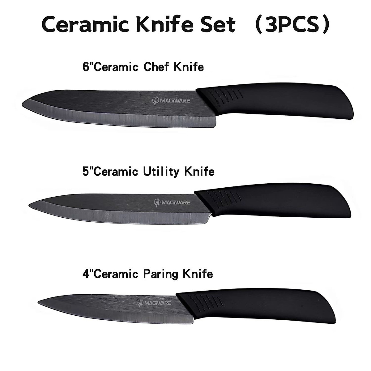 Magiware Ceramic Knives, Ceramic Knife Set with Sheaths Cover -Sharp Longer Never Rust (include 6 Inch Chef Knife, 5inch Utility Knife, and 4 Inch Paring Knife