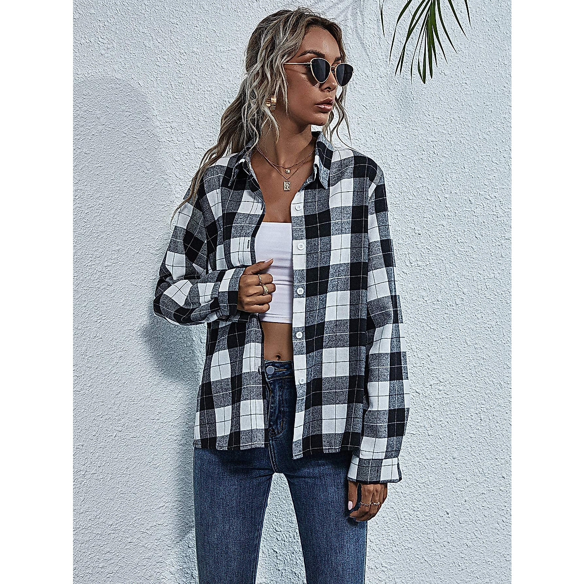 Floerns Women's Casual Long Sleeve Button Down Plaid Shirt Blouse Top Black and White M