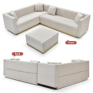 mikibama Luxury Velvet Sofa Set for Living Room, 101'' Modern Upholstered Vertical Channel Corner Couch with Movable Ottoman and 4 Pillows for Apartment, Hall (Beige)