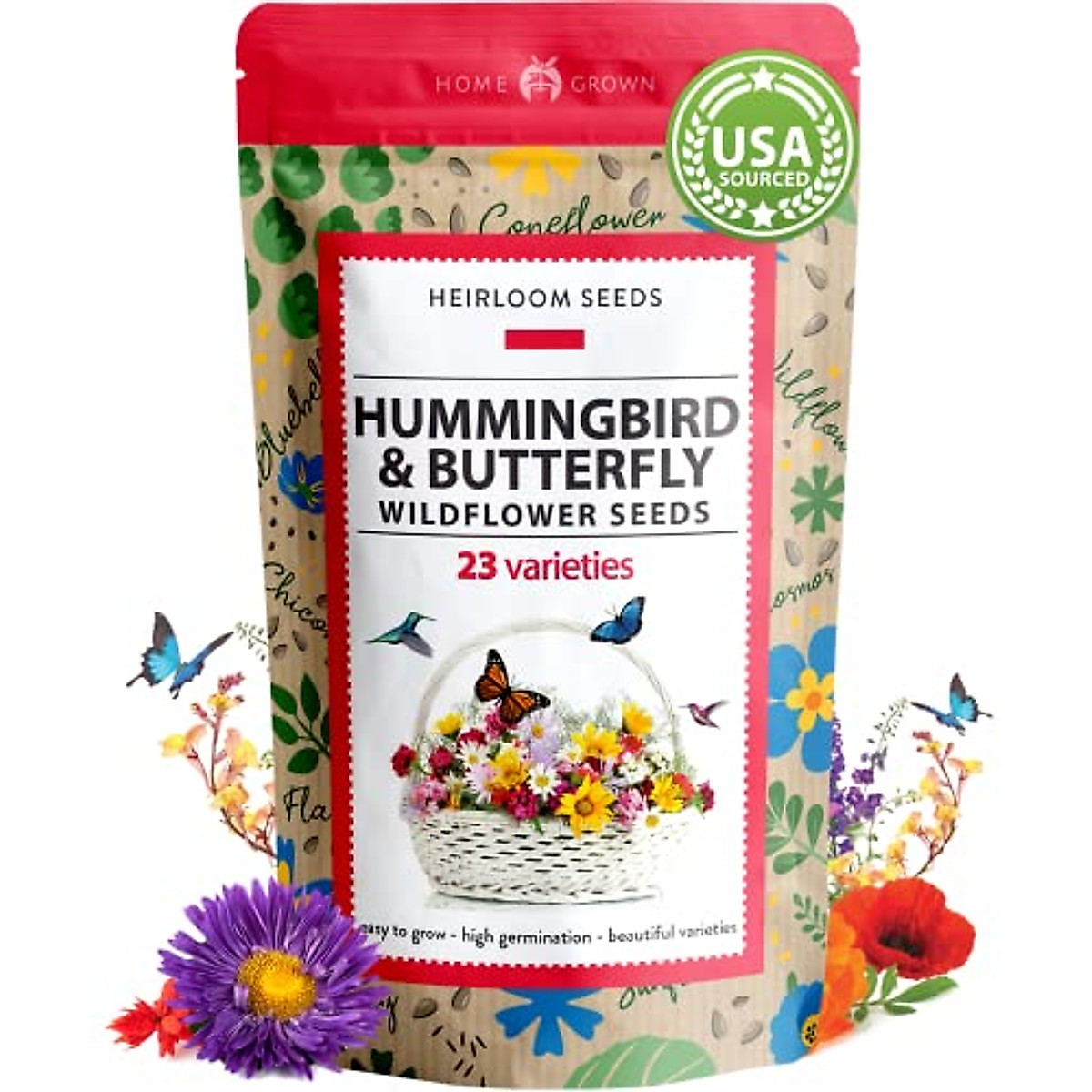 130,000+ Wildflower Seeds - Premium Birds & Butterflies Wildflower Seed Mix [3 Oz] Flower Garden Seeds - Bulk Wild Flowers: 23 Wildflowers Varieties of 100% Non-GMO Annual Flower Seeds for Planting