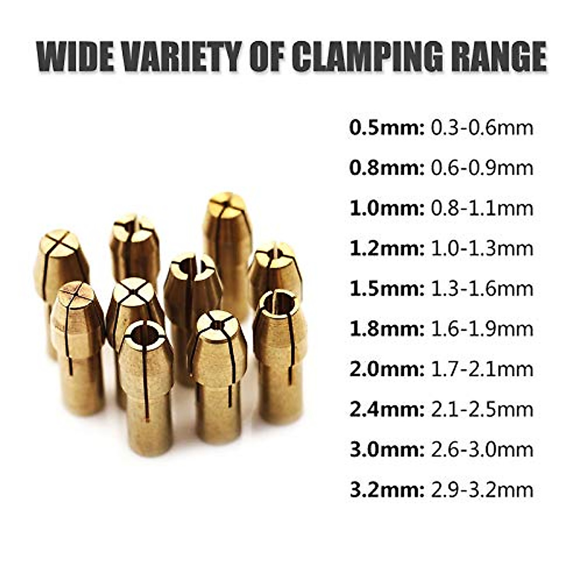 Collet Set For Dremel Rotary Tool Bits, 10 PCS Fine Copper Drill Chuck Collet Set Electric Grinder Quick Change Mini Drill Chuck Replacement Sets 0.5-3.2mm for Rotary Tools