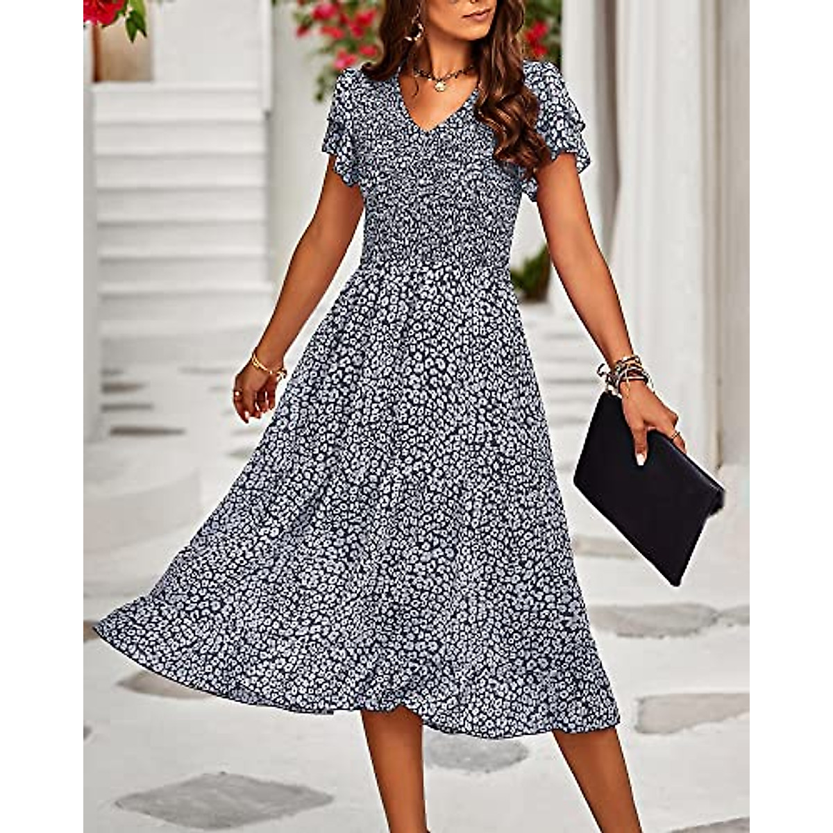 BTFBM Women Casual Summer Short Ruffles Tiered Sleeve Smocked Midi Dresses Bohemian Floral V Neck Wedding Guest Long Dresses（Floral Dark Blue,Large