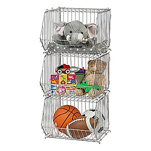 IRIS USA 17" Modular Wire Stacking Storage Basket, Great Storage for Linens, Groceries, Toys, Books, and More, Stackable, Easy Assemble, Multipurpose Home Organizer, Silver
