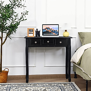 COSTWAY Vanity Desk Set with Mirror, Vanity Desk and Cushioned Stool Set with 5 Storage Drawers, Makeup Dressing Table for Bedroom Women Girls (Black)