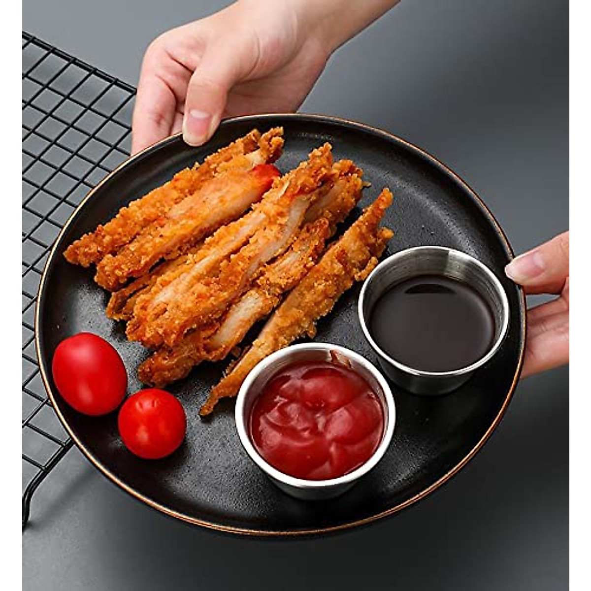 Salad Dressing Condiment Container To Go,Stainless steel Small Food Containers With Silicone Lids, Leakproof and Reusable Dipping Sauce Cups Fits in Bento Box for Picnic Travel Office, 6x1.6oz