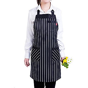 ALIPOBO Aprons for Women and Men, Kitchen Chef Apron with 3 Pockets and 40" Long Ties, Adjustable Bib Apron for Cooking, Serving - 32" x 28" - Black/White Pinstripe - 1 Pcs