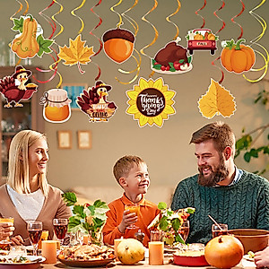 DERAYEE 30Pcs Thanksgiving Party Hanging Decorations, Thansgiving Hanging Swirls Maple Leaves Turkey Pumpkin Foil Ceiling Swirls for Home Office Classroom Autumn Harvest Decor