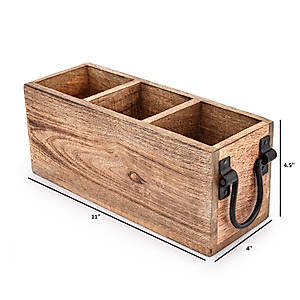 Samhita Mango Wood Cutlery Holder Caddy Organizer Wooden Utensil Storage Organizer Countertop for Silverware Fork Spoon Spatula 3 compartments (11" x 4" x 4.5")