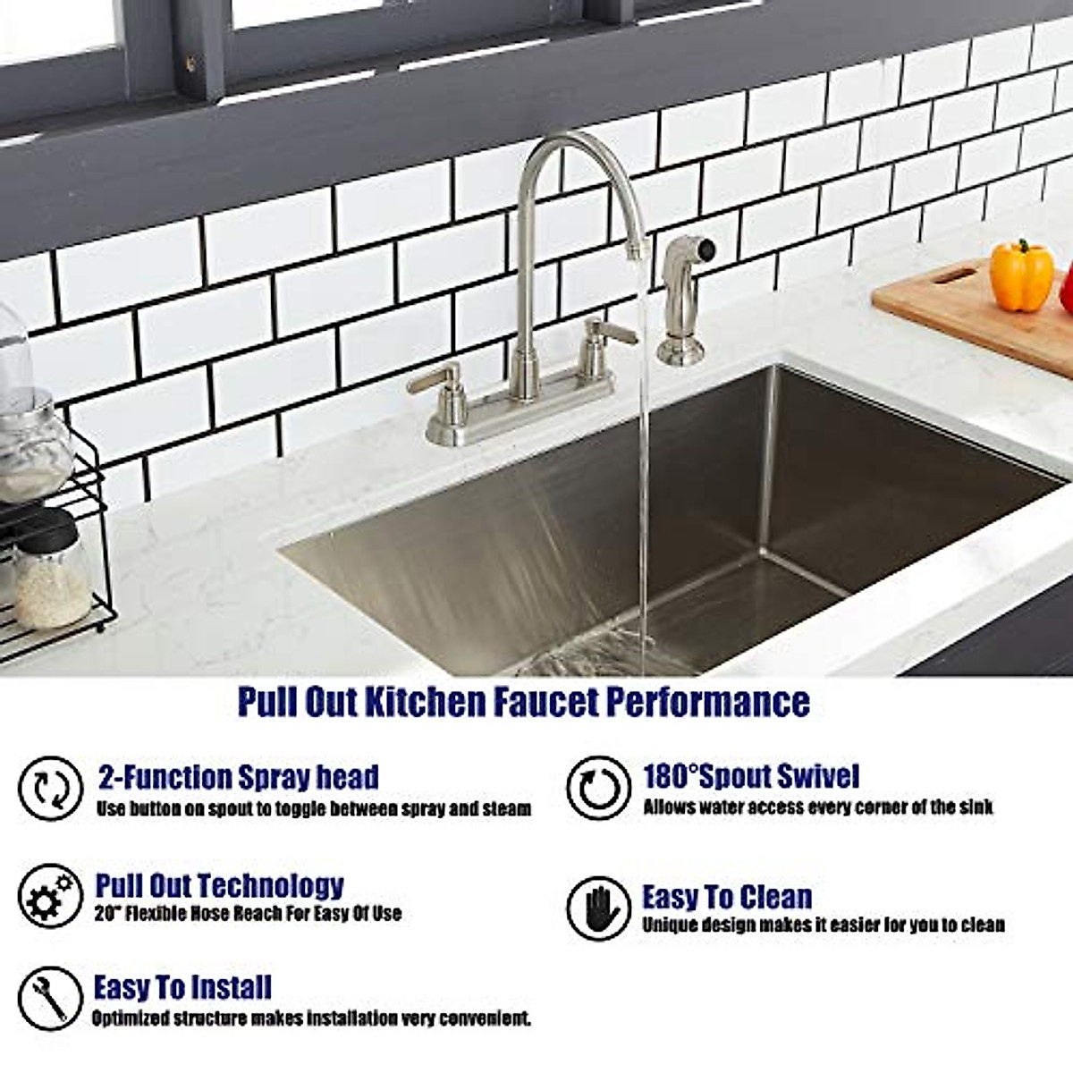 VAPSINT 4 Hole Kitchen Faucet with Sprayer,High Arc Commercial Brushed Nickel Stainless Steel Kitchen Sink Faucet 360 Degree Swivel Pullout Kitchen Faucets for Sink 3 Hole