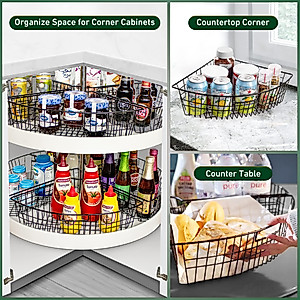 Lazy Susan Wire Storage Organizer Basket with Handle-Metal Organizing Storage Bins-Kitchen Cabinet Storage Organizer-1/4 Wedge Can Organizer (Black, 4)