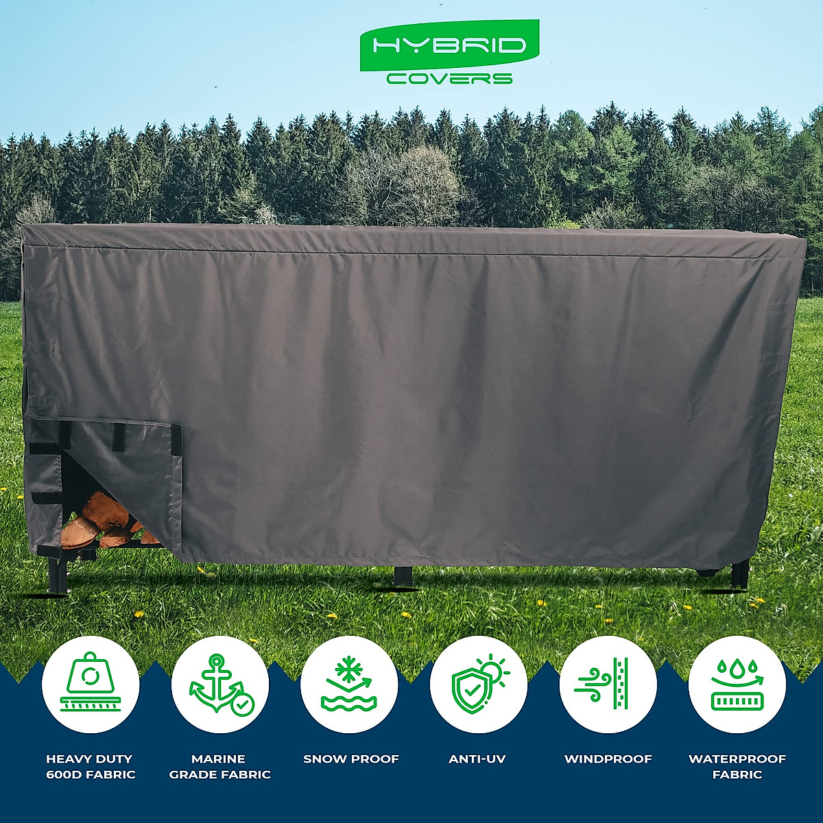Hybrid Covers Firewood Rack Cover V2.0 suits 8 foot Wood Pile Log Rack Outdoor, Heavy Duty Firewood cover, Universal Size, 600D Marine Grade Waterproof Solution dyed fabric with Fade resistant UV
