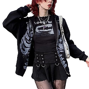 Yuemengxuan Womens Y2K Zipper Hoodie Long Sleeve Sweatshirt Harajuku Punk Grunge Tops Oversized Vintage Streetwear, Skeleton Black, Small
