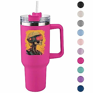 LB LEOBON 40 ounce insulated cup with handle, double-layer vacuum stainless steel material, equipped with straw, can keep warm or maintain cold drinks Neone Poppe Skeletons 3 Bright pink