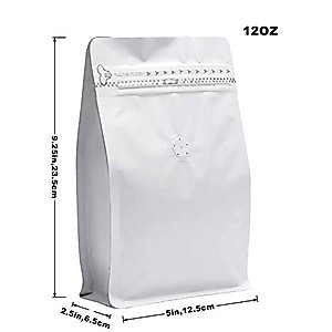 50 Pieces 12 Ounce White Kraft Paper Coffee Bags, Stand Up Coffee Pouches with One Way Degassing Valve and Reusable Side Zipper (Pull Tab to Open) Flat Bottom - Stand Up Well (12oz, 340gram)