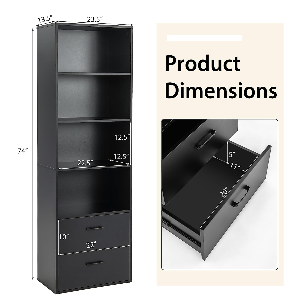 IFANNY 74" Tall Bookcase, Freestanding Open Bookshelf w/ 4 Open Shelves & 2 Drawers, Modern Display Shelf with Anti-Toppling Device, Wooden Book Shelf for Bedroom, Study, Living Room, Office