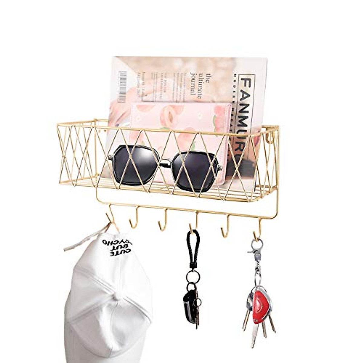 YCOCO Wall Mounted Entryway Storage Organizer,Metal Wire Storage Basket with 6 Hooks,Key and Mail Holder for Wall,Gold