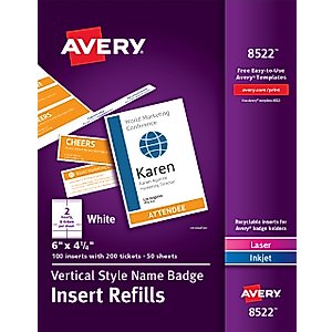 Avery Customizable Name Badge and Ticket Inserts, 6" x 4.25", White, 100 Printable Name Tag Inserts with Tickets (8522)