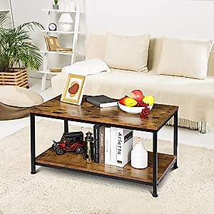 SUPER DEAL 2-Tier Industrial Coffee Table with Storage Shelf for Small Apartment Living Room, Rectangle Wood and Stable Metal TV Stand Side End Table, Retro Brown