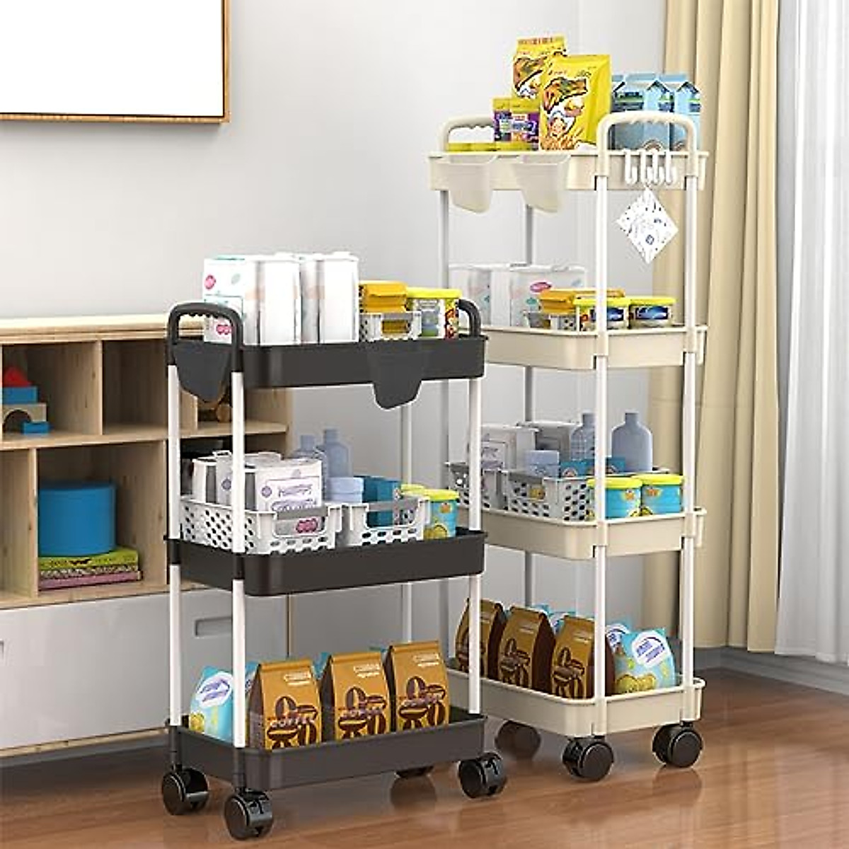 3-Tier Rolling Utility Cart, Rolling Organization Cart with Handles and Lockable Wheels, Easy Assembly Multifunctional Storage Trolley Art Cart for Bathroom, Kitchen, Living Room, Office
