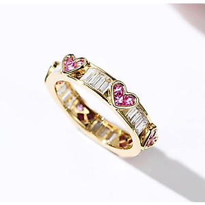HUKQBUNX 18K Gold Peach Heart Wreath Ring Amethyst CZ Square Crystal Zircon Diamond Ring Women's Precious Fashion Wedding Engagement Couple Ring Size 6-10 (Size 7)
