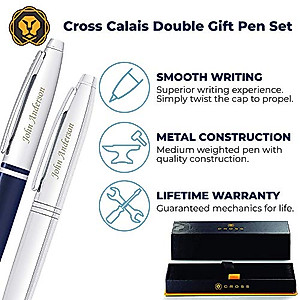 Dayspring Pens Engraved Cross Pen Set | Personalized Cross Calais Gift Double Gift Pen Set 1 Lustrous Chrome and 1 Blue Lacquer and Chrome Pen. Custom Engraved