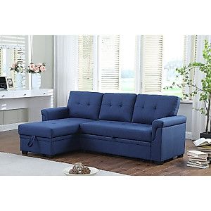 OPTOUGH L Shape Reversible Sectional Sofa Couch Pull Out Sleeper Bed with Storage Chaise for for Apartment, Living Room, Blue Linen