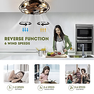 LUDOMIDE Caged Ceiling Fan Light with Remote, 21" Small Flush Ceiling Light with 3 Enclosed Blades and 6 Wind Speeds for Bedroom, Living Room