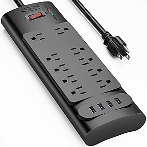 Power Strip Surge Protector with 10 AC Outlets & 4 USB Ports, 1875W/15A, 2100 Joules, 6 Feet Long Extension Cord for Home, Office, Dorm Essentials, ETL Listed - Black