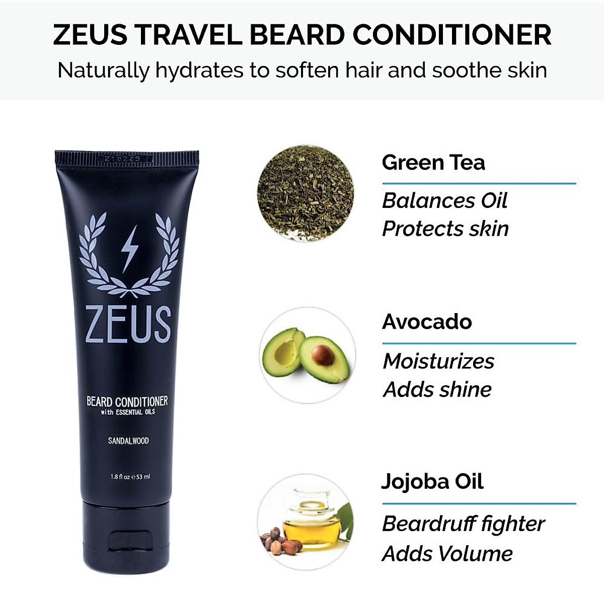 ZEUS Refined Essential Beard Care Kit with Travel Toiletry Bag - Beard Wash, Beard Conditioner, Refined Beard Oil & Travel Dopp Bag – (Sandalwood) Made in USA