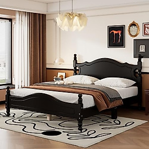 Wekity Queen Size Wood Platform Bed Frame,Retro Style Platform Bed with Wooden Slat Support (Black)