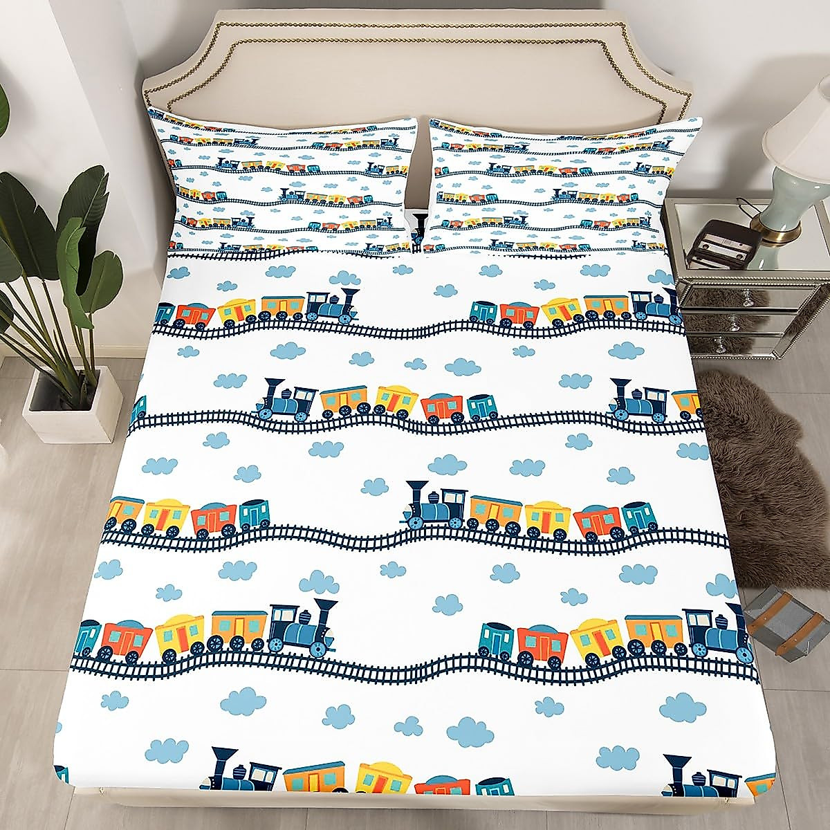 Erosebridal Kids Train Bed Sheets for Boys Girls Cartoon Car Twin Size Sheet Sets Steam Engine Sheets Railway Vehicles Sheet & Pillowcase Sets Transportation Truck Fitted Sheet with 1 Pillow Sham