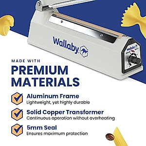Wallaby Impulse Sealer - 8 inch - Manual Heat Sealer Machine for Mylar Bags - Heavy Duty for Strong, Secure Sealing for Long Term Food Storage - Two Fuse & Strip Replacement Kits Included (White)