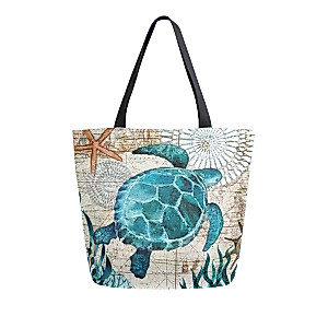 Naanle Ocean Turtle Canvas Tote Bag Large Women Casual Shoulder Bag Handbag, Sea Turtle Reusable Multipurpose Heavy Duty Shopping Grocery Cotton Bag for Outdoors.