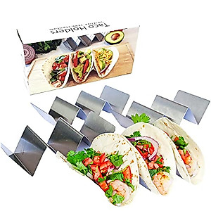 Taco Holder - Taco Holders, Stainless Steel with Free Recipe Ideas - Taco Stand Up Holder - Taco Stand - Taco Plates - Holds 3 Tacos - Dishwasher, Oven and Grill Safe (4 Pack)