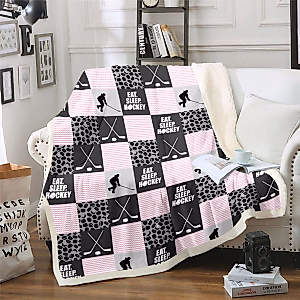 Ice Hockey Throw Blanket Throw 50"X60" Hockey Player Pucks Plush Bed Blanket For Teen Girls Kids,Eat Sleep Hockey Sherpa Blanket Sports Room Decor,Patchwork Check Plaid Fleece Blanket Pink Black Grey