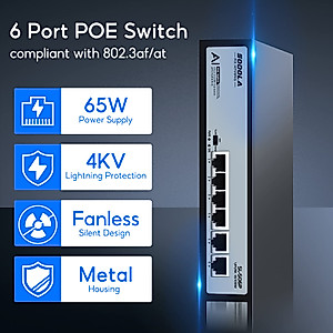SODOLA 4 Port PoE+ Switch | 4 PoE+ Ports &2 Fast Ethernet uplink,65W 802.3af/at, Extend Function, Fanless Metal,Plug & Play Unmanaged Network Switch