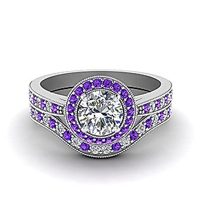 55Carat Milgrain Pave Halo Diamond Wedding Set Sterling Silver Natural Amethyst Round Shape Purple Color Wedding Ring Sets Pave Setting in Size 7 Party Wear Daily Wear Ornament