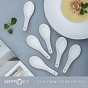 HAPPY KIT 5.3" Asian Soup Spoons Set of 6-White Ceramic Dessert Spoons Ramen Spoons Proper for Corelle Pho Miso Wonton Ramen Dumpling Macaron Dishwasher & Oven Safe