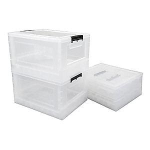 Qskely 30 L Clear Plastic Collapsible Storage Crate, Folding Storage Box with Lid, 4-Pack