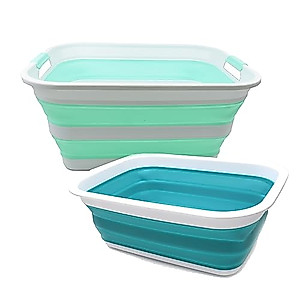 SAMMART 2 pcs Set : 42L (11 Gallon) Collapsible Plasic Laundry Basket & 9.2L (2.37 Gallon) Collapsible RectangularTub (Laundry Basket+Tub, Light Green+Bright Blue)