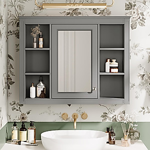 Virubi Wall Mounted Medicine Cabinet, Bathroom Storage Cabinet with Mirror Door and 6 Adjustable Open Shelf (7.3" D x 35" W x 27.5" H) (Grey)